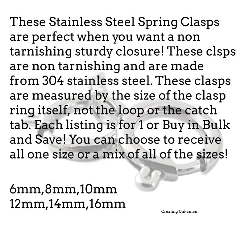 6 Stainless Steel Spring Clasps 6mm, 8mm, 10mm, 12mm, 14mm 16mm - 100% ...