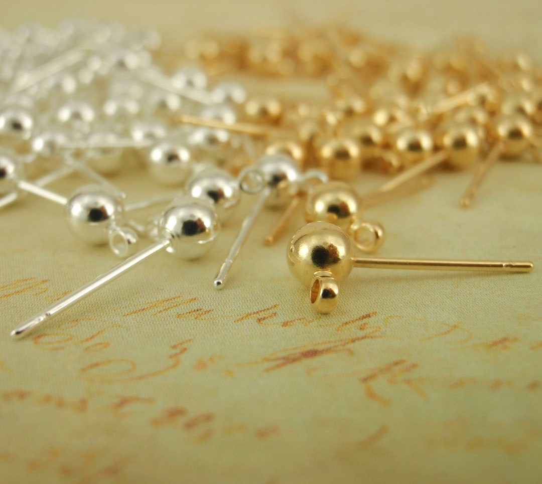 4 Pairs 3mm Ball Ear Posts With Loops in Silver or Gold Plate With ...
