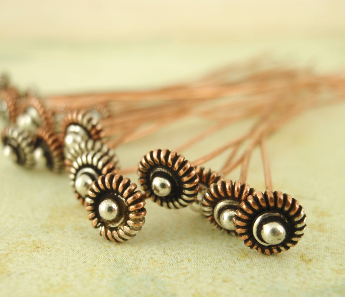 5 Fancy Antiqued Head Pins Sterling Silver and Copper 21 Gauge 2 Inch ...