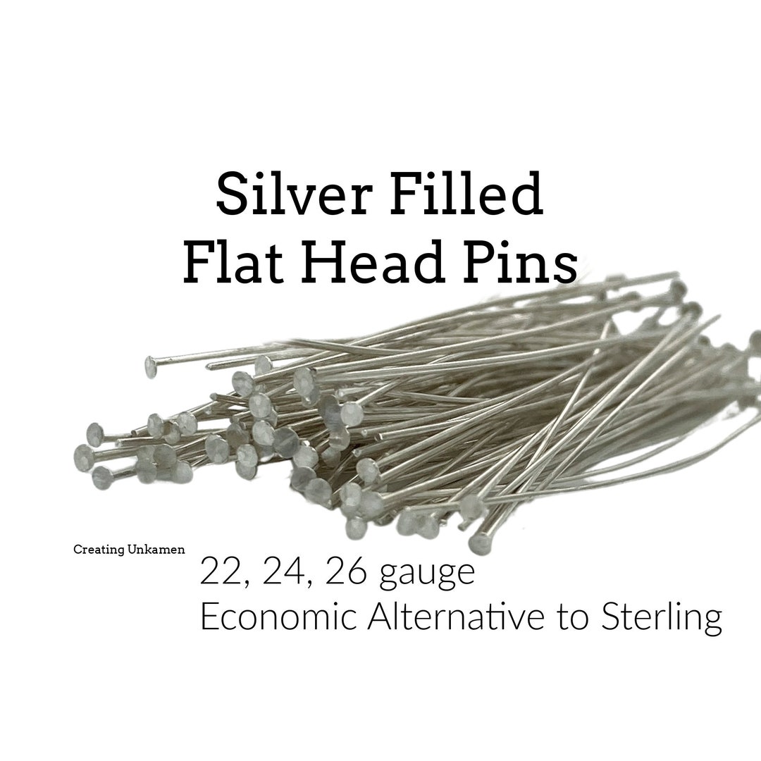 50 Silver Filled Flat Head Pins - White Brass Core - 22, 24, 26 Gauge 1 ...