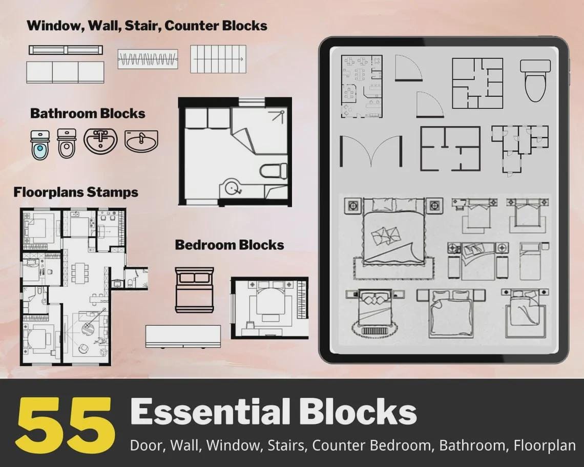 820+ Procreate Interior Design Stamps, Furniture Blocks, Furnitures ...
