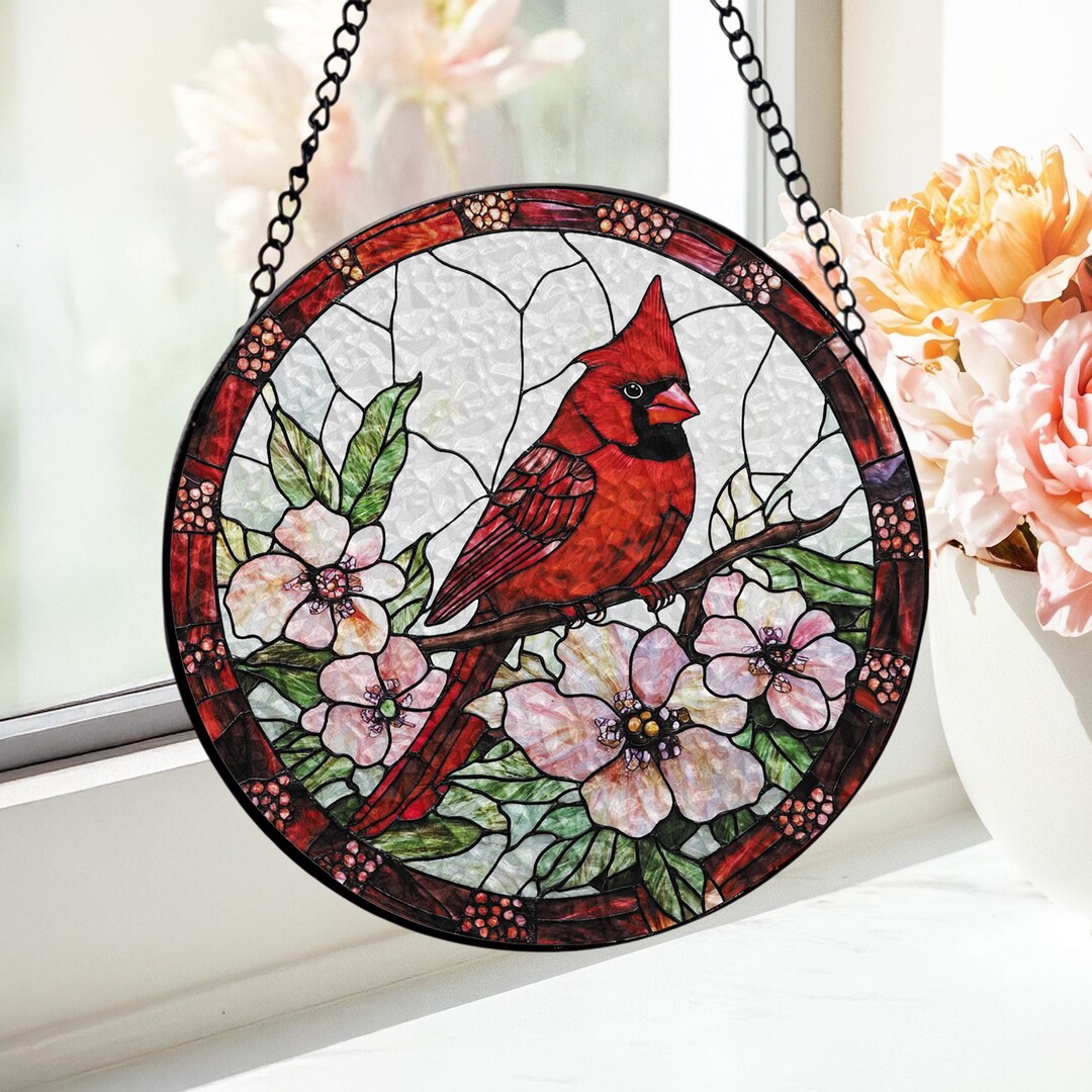 Red Cardinal Stained Glass Suncatcher, Bird Memorial Wall Hanging ...