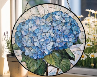 Blue Hydrangea Stained Glass Suncatcher Window Hanging, Blue Hydrangea ...