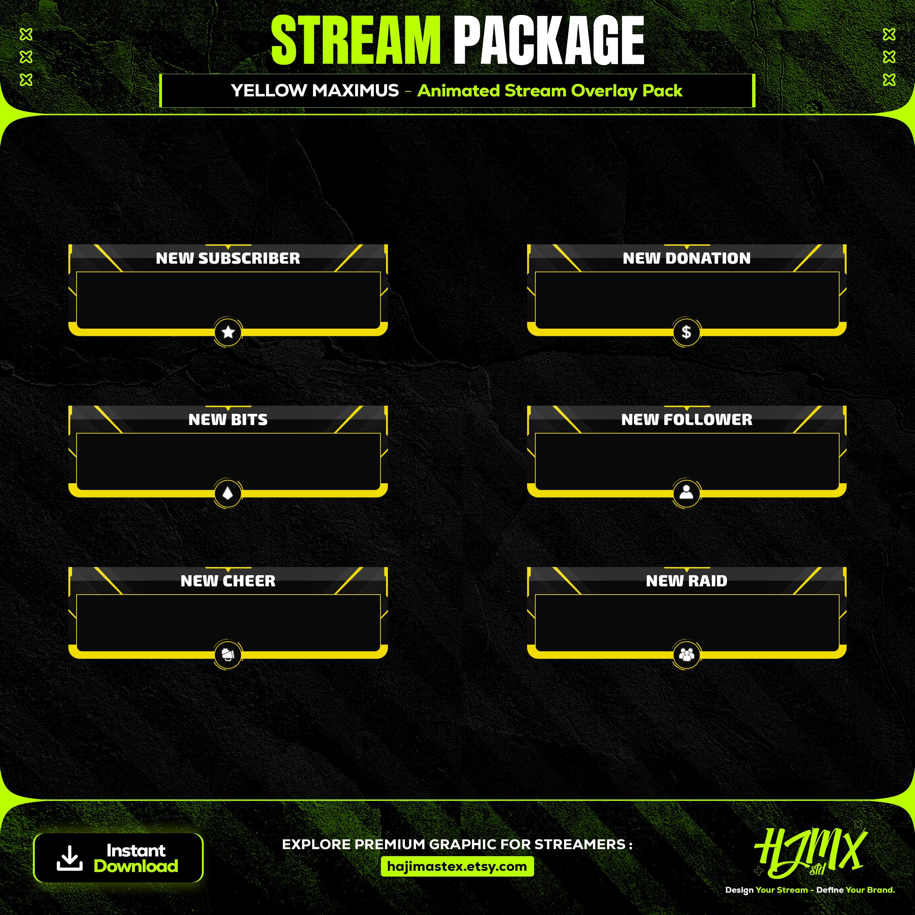 Animated Twitch Overlay Pack – Yellow Maximus Stream Alerts, Webcam, Timer, Screens & More ...