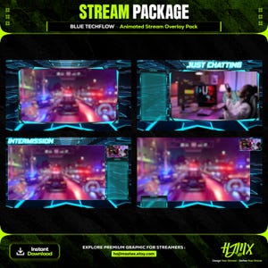 Blue Techflow Animated Stream Package - Overlay, Alerts, Webcam, Timer for Twitch, Kick ...