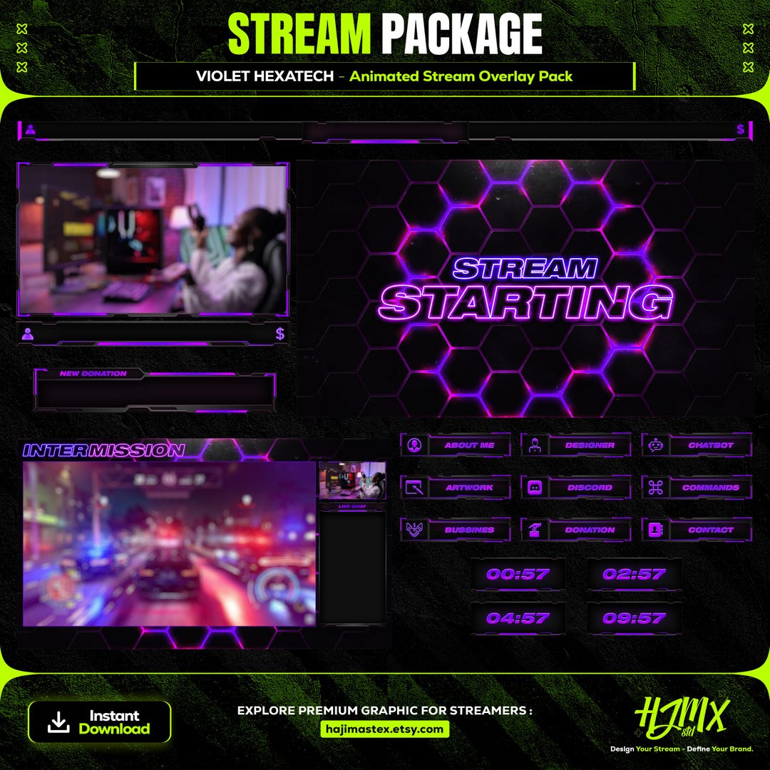 Violet Hexatech Animated Stream Package - Overlay, Alerts, Webcam, Timer for Twitch, Kick ...