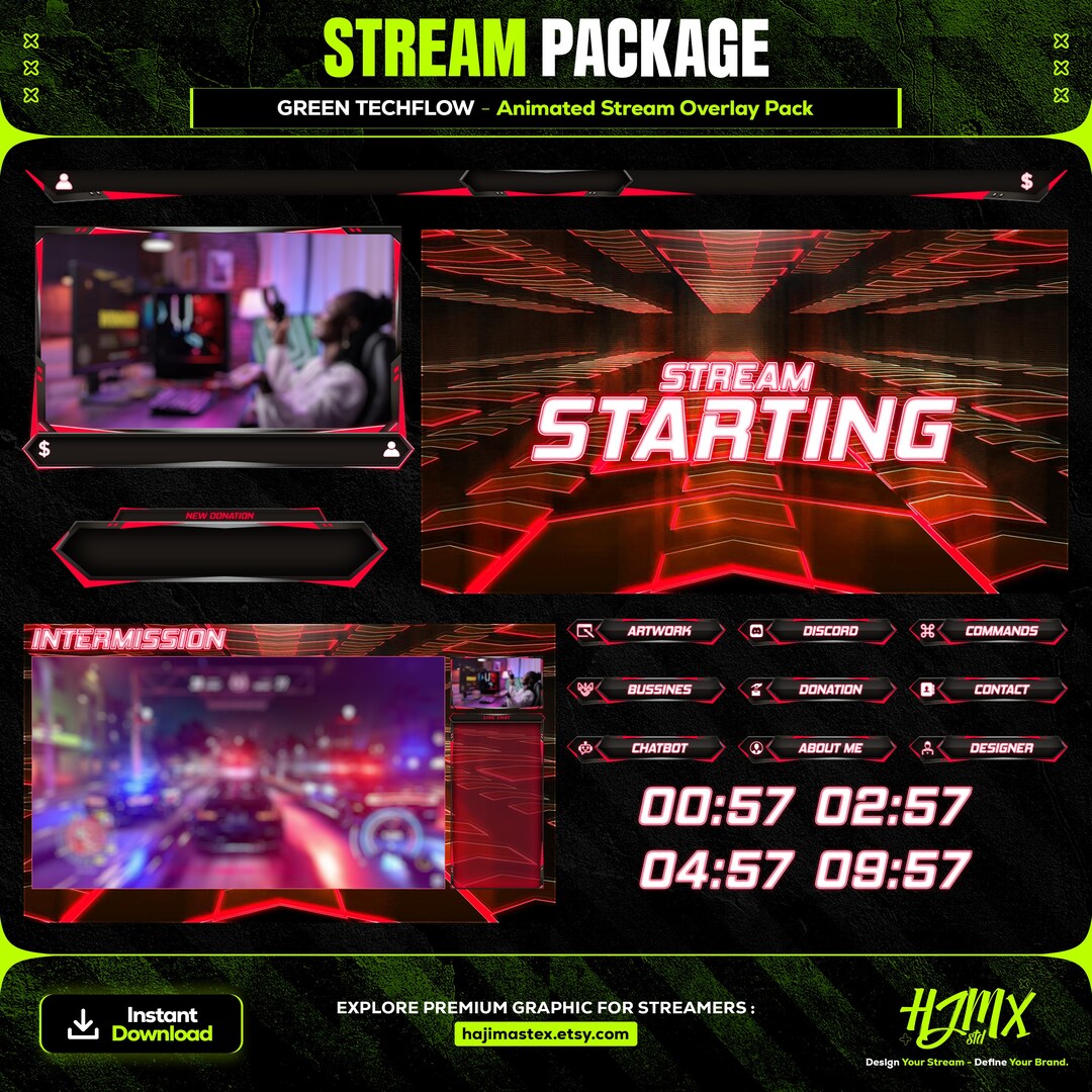 Red Techflow Animated Stream Overlay Set | Twitch, Kick, Youtube Layout | Animated Alerts ...