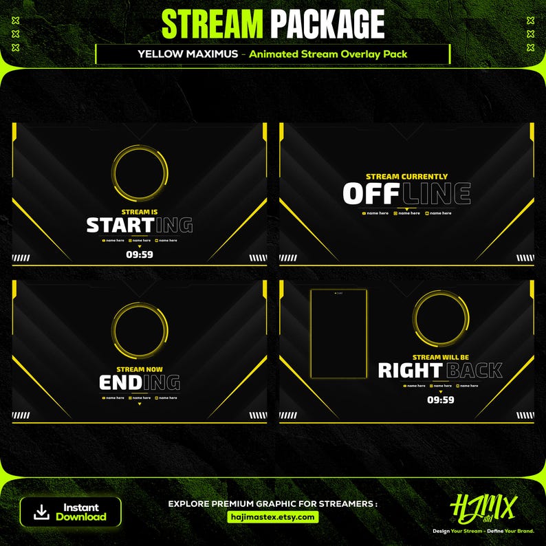 Animated Twitch Overlay Pack – Yellow Maximus Stream Alerts, Webcam ...