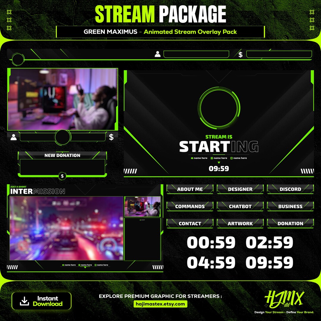 Animated Twitch Overlay Pack – Green Maximus Stream Alerts, Webcam, Timer, Screens & More ...