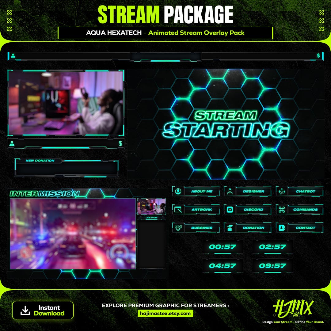 Aqua Hexatech Animated Stream Package - Overlay, Alerts, Webcam, Timer for Twitch, Kick ...