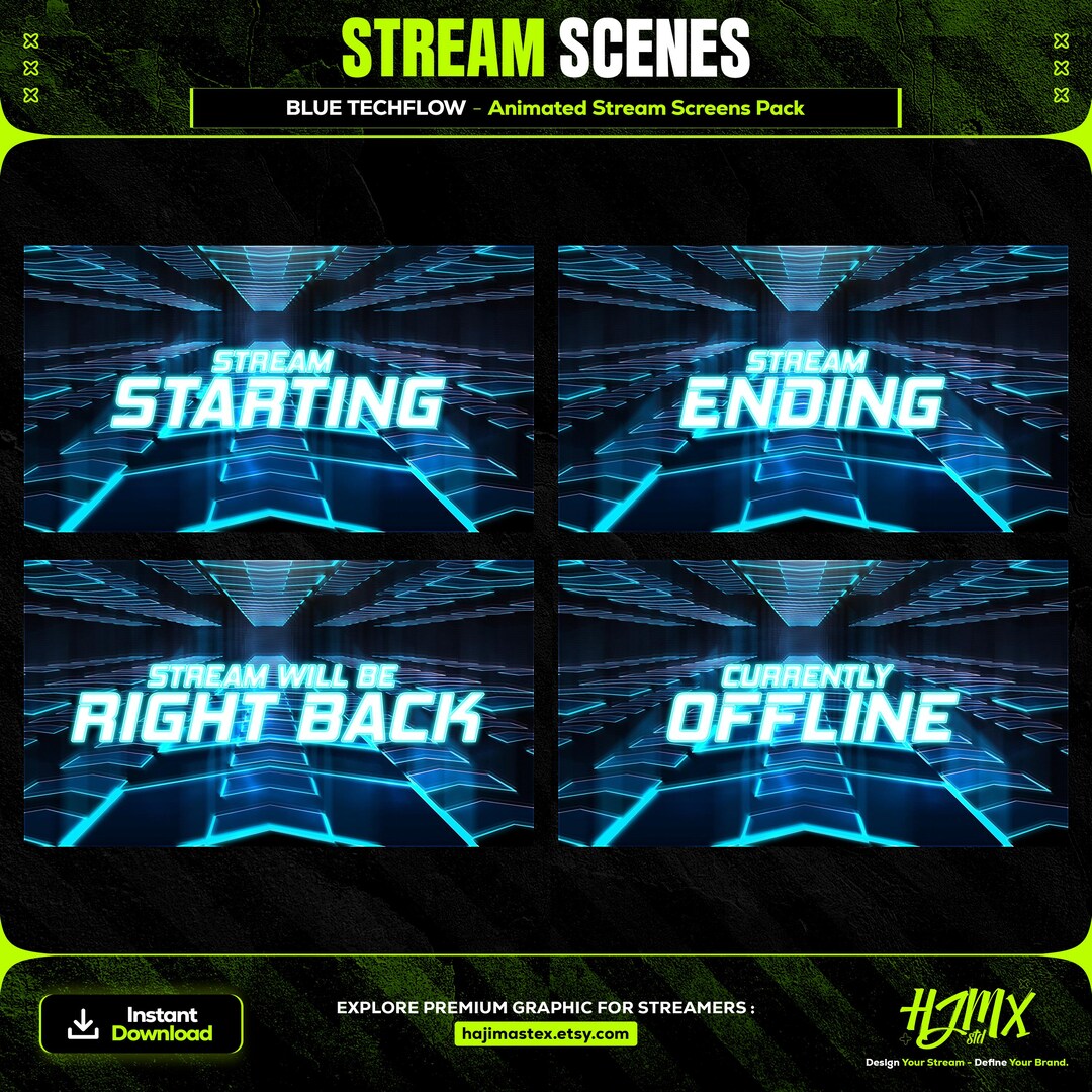 4x Blue Techflow Animated Screen Scenes - Starting,brb,ending,offline for Twitch, Kick & Youtube ...
