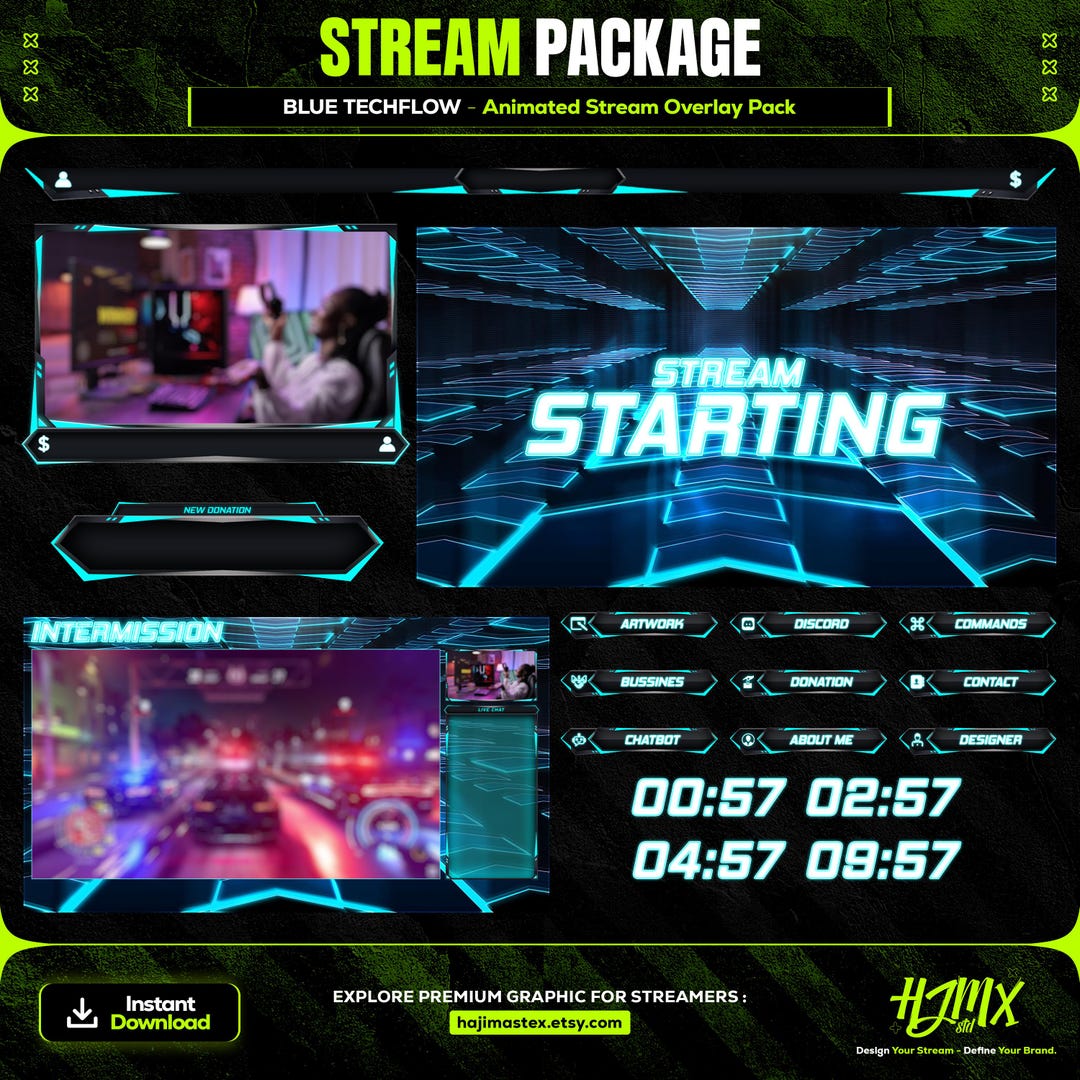 Blue Techflow Animated Stream Package - Overlay, Alerts, Webcam, Timer for Twitch, Kick ...