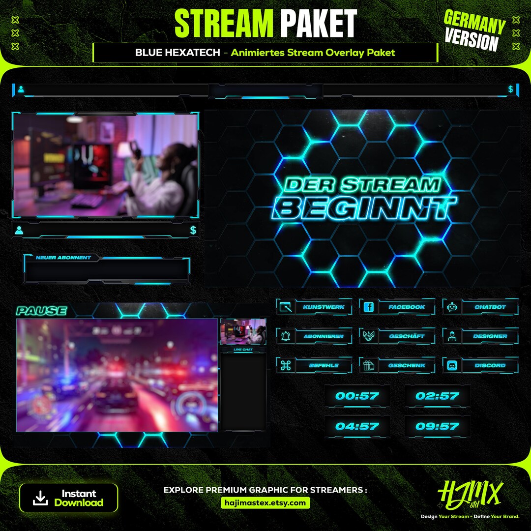 Blue Hexatech Animated Stream Package Germany Overlay, Alerts, Webcam ...