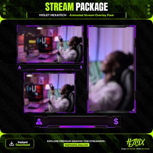 Violet Hexatech Animated Stream Package - Overlay, Alerts, Webcam, Timer for Twitch, Kick ...