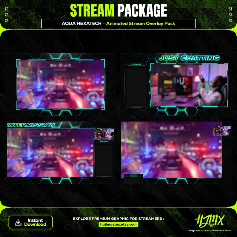 Aqua Hexatech Animated Stream Package - Overlay, Alerts, Webcam, Timer ...