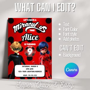 Miraculous Ladybug Birthday Invitation Ladybug and Cat Noir Themed ...