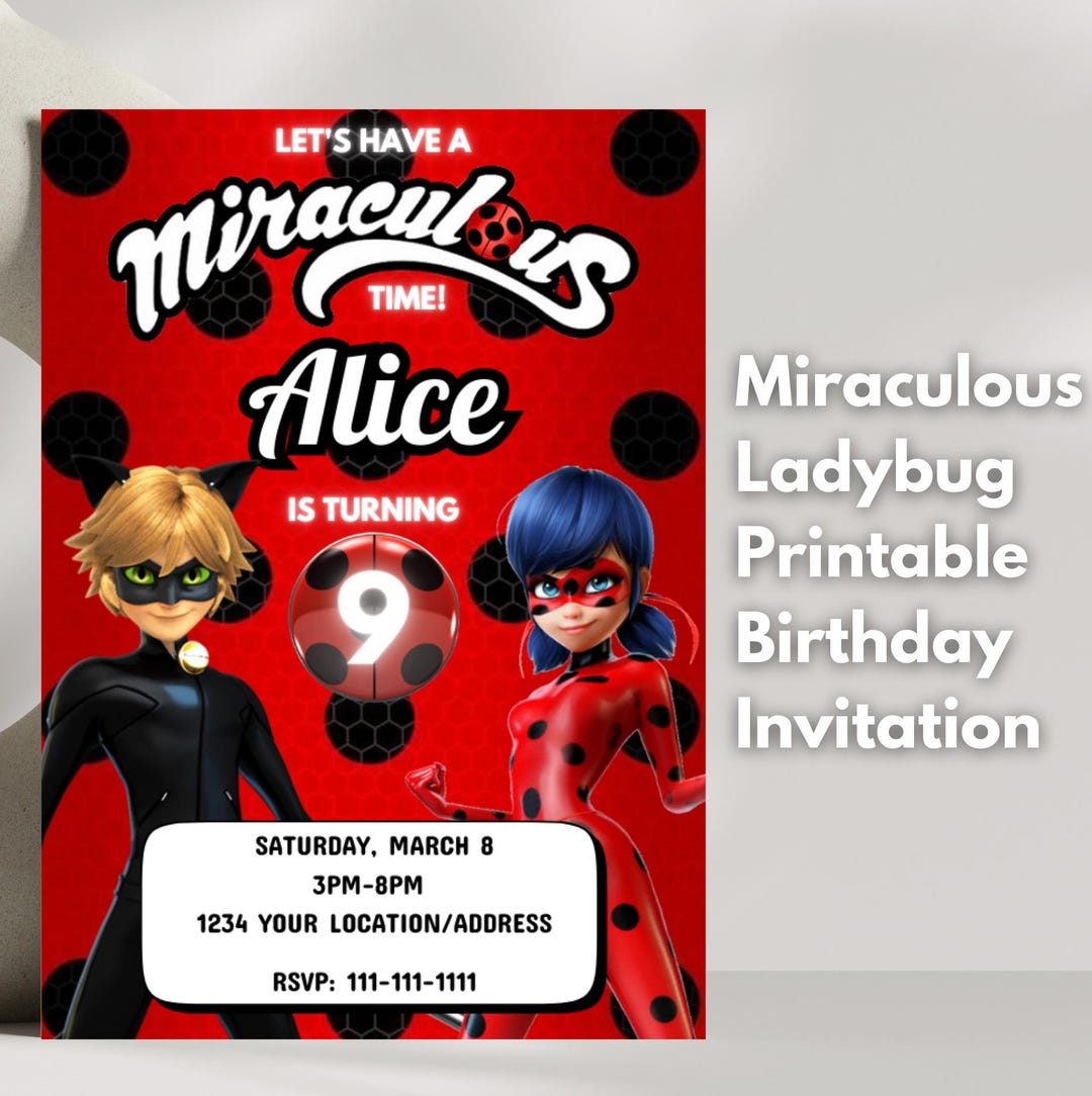 Miraculous Ladybug Birthday Invitation Ladybug and Cat Noir Themed ...