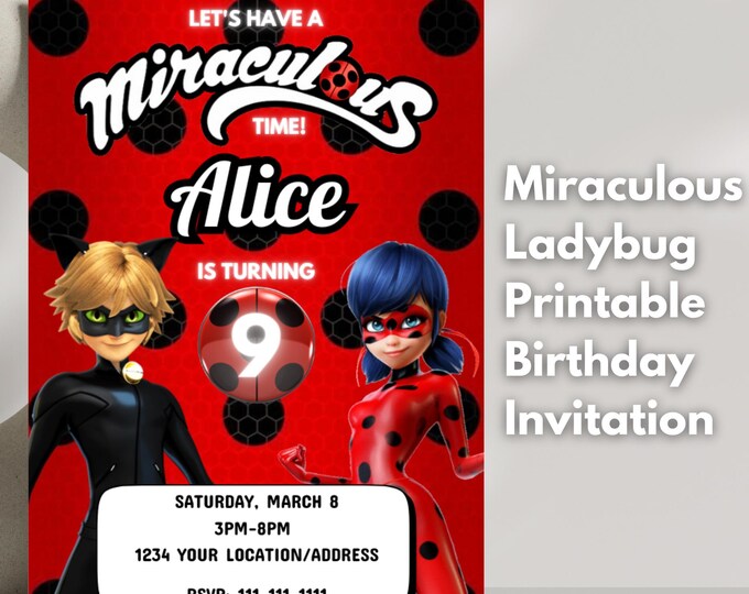 Miraculous Ladybug Birthday Invitation Ladybug and Cat Noir Themed ...