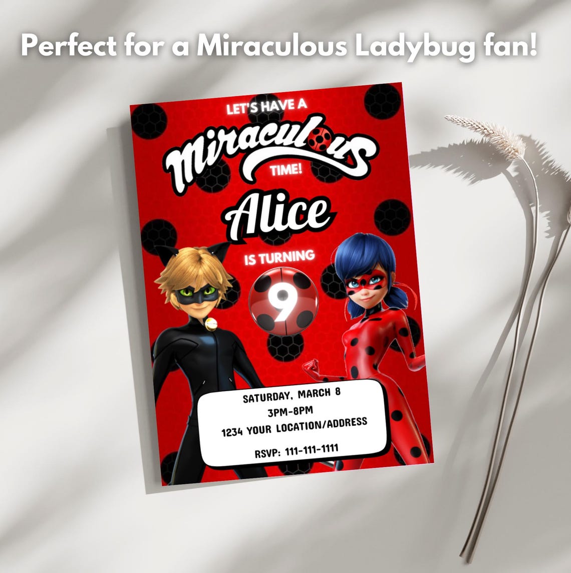 Miraculous Ladybug Birthday Invitation Ladybug and Cat Noir Themed ...