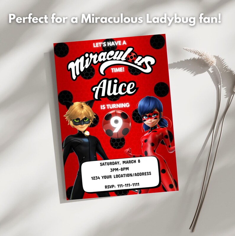 Miraculous Ladybug Birthday Invitation Ladybug and Cat Noir Themed ...