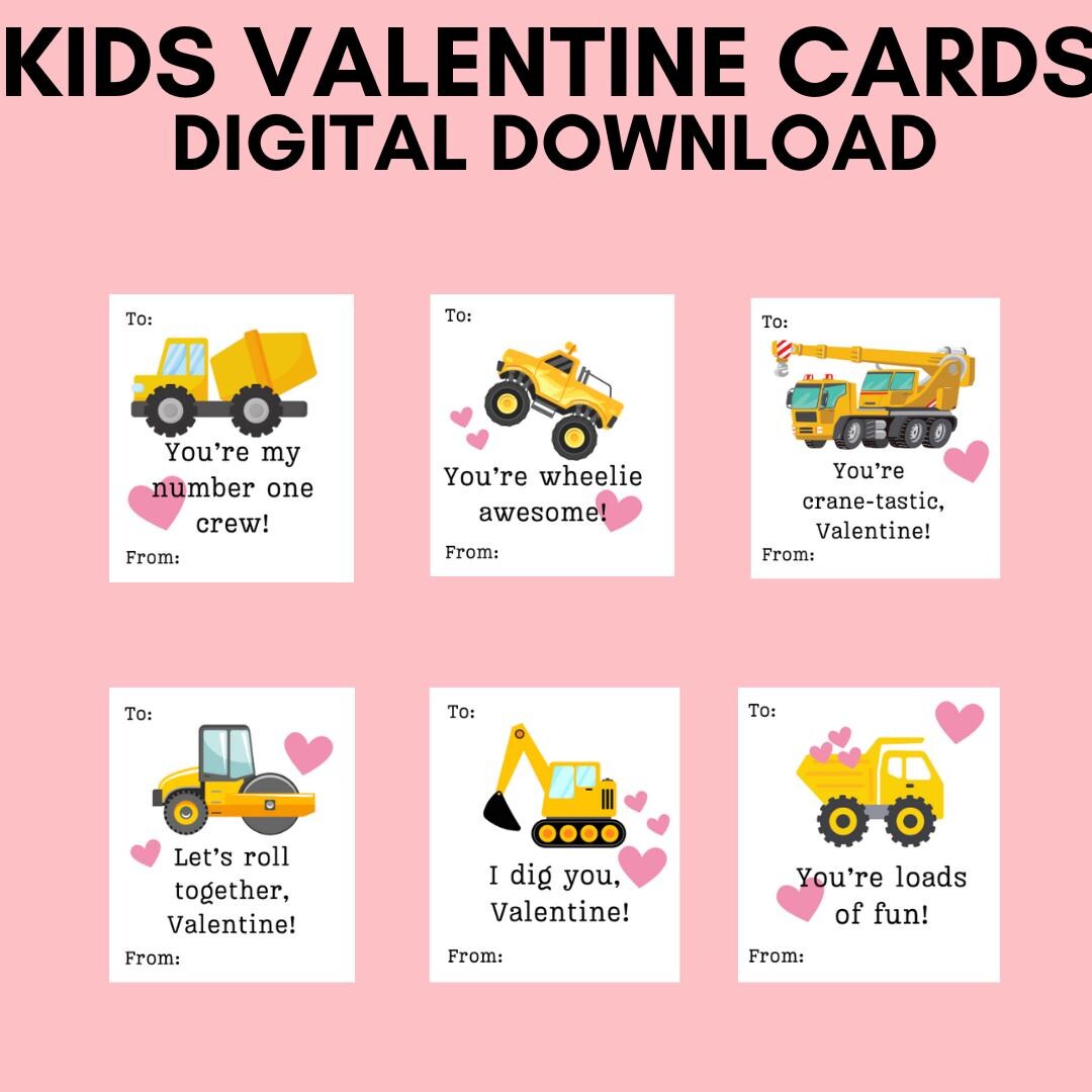 Printable Kids Valentine Cards Construction Theme Digital Download ...