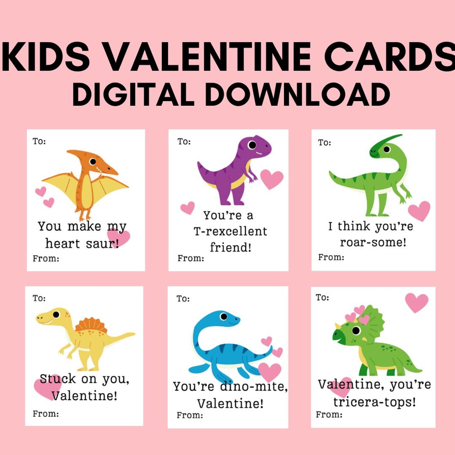 Printable Kids Valentine Cards Dinosaur Theme Digital Download Dino ...