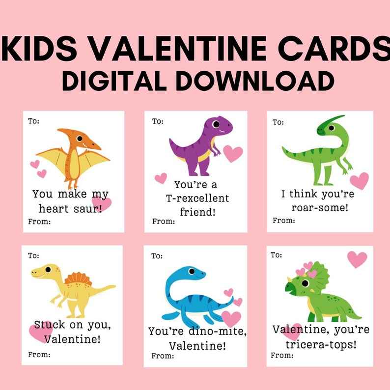 Printable Kids Valentine Cards Dinosaur Theme Digital Download Dino ...