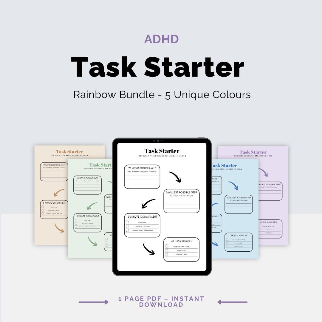 ADHD Task Starter Sheet | All Colors Bundle | 5 Page Printable PDF | A4 ...