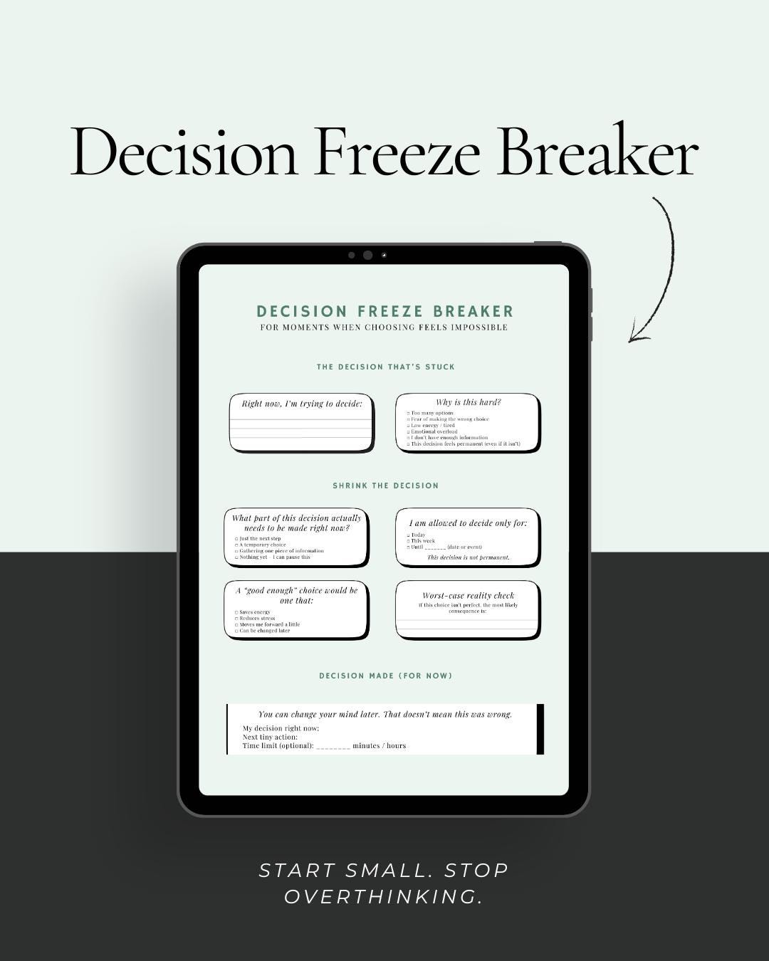 Decision Freeze Breaker | ADHD Worksheet | Calm Green Printable PDF ...