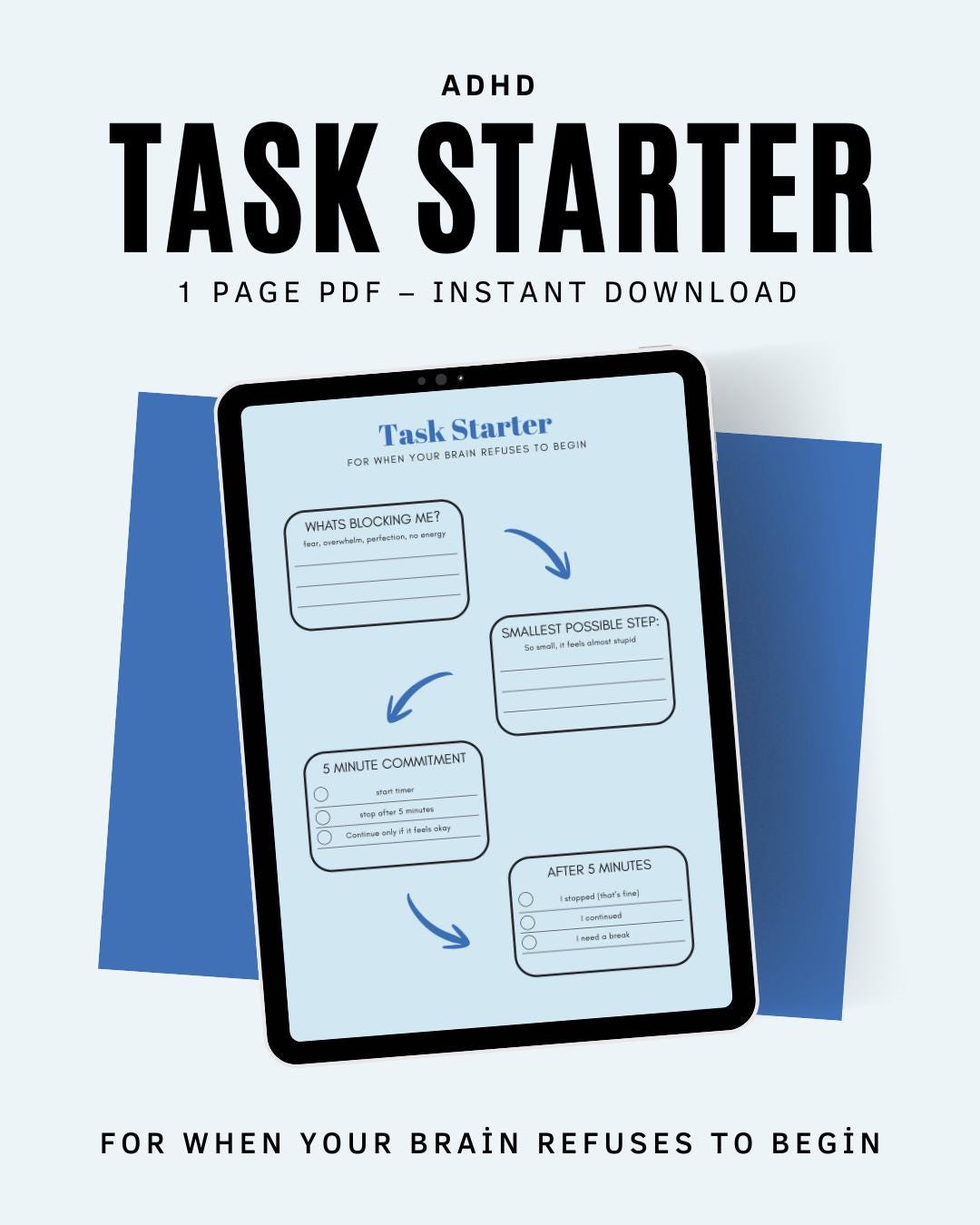 ADHD Task Starter Sheet | Blue Edition | 1 Page Printable PDF | Calm ...