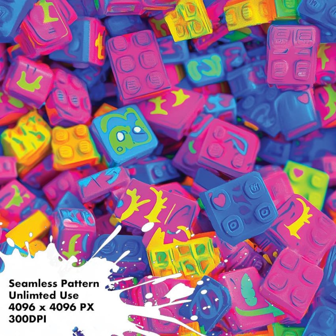 Neon LEGO Brick Pile Pattern Seamless Digital Design, Vibrant Toy Block ...