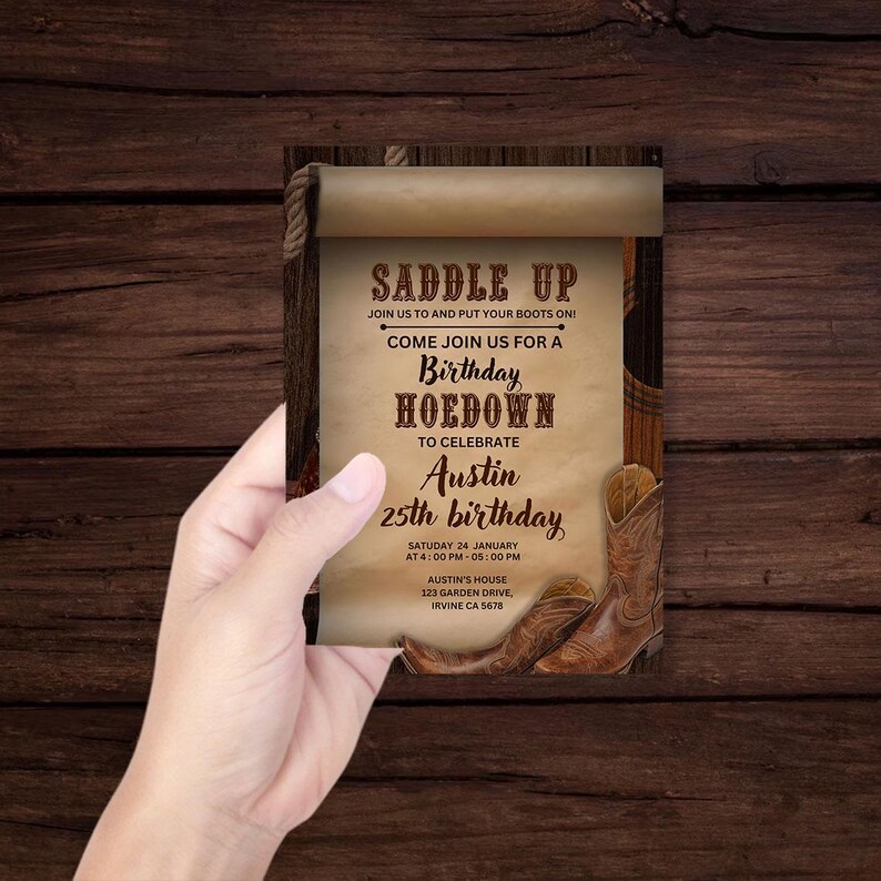 Western Hoedown Birthday Party Invitation, Saddle up and Put Your Boots On, Cowboy Birthday ...