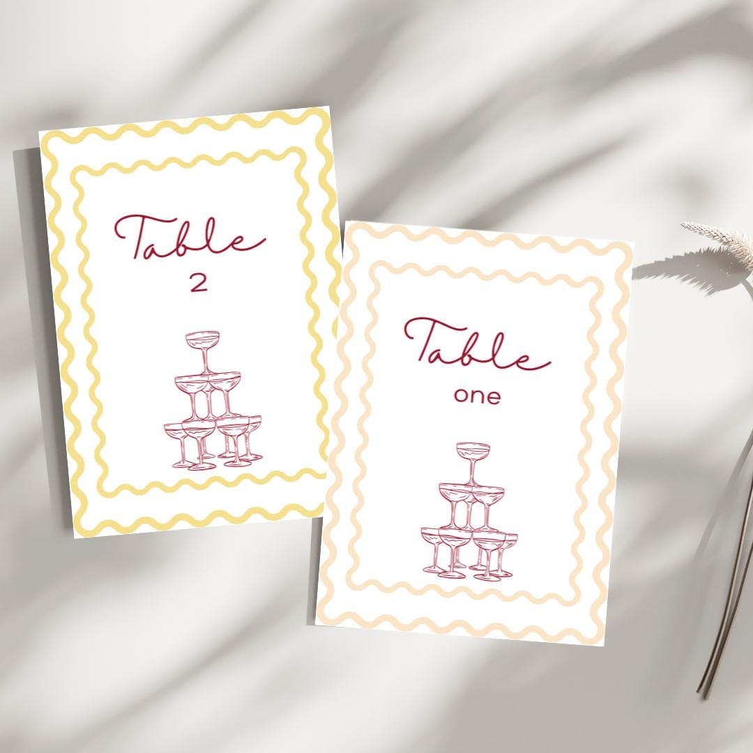 Wavy Table Number Template, Curvy Wedding Table Numbers, Colourful ...