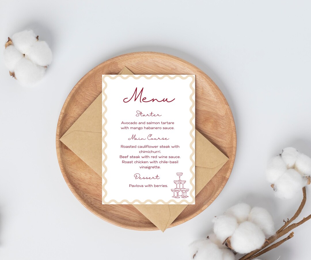 Wavy Menu Template, Wedding Menu, Bridal Shower Menu, Birthday Menu ...