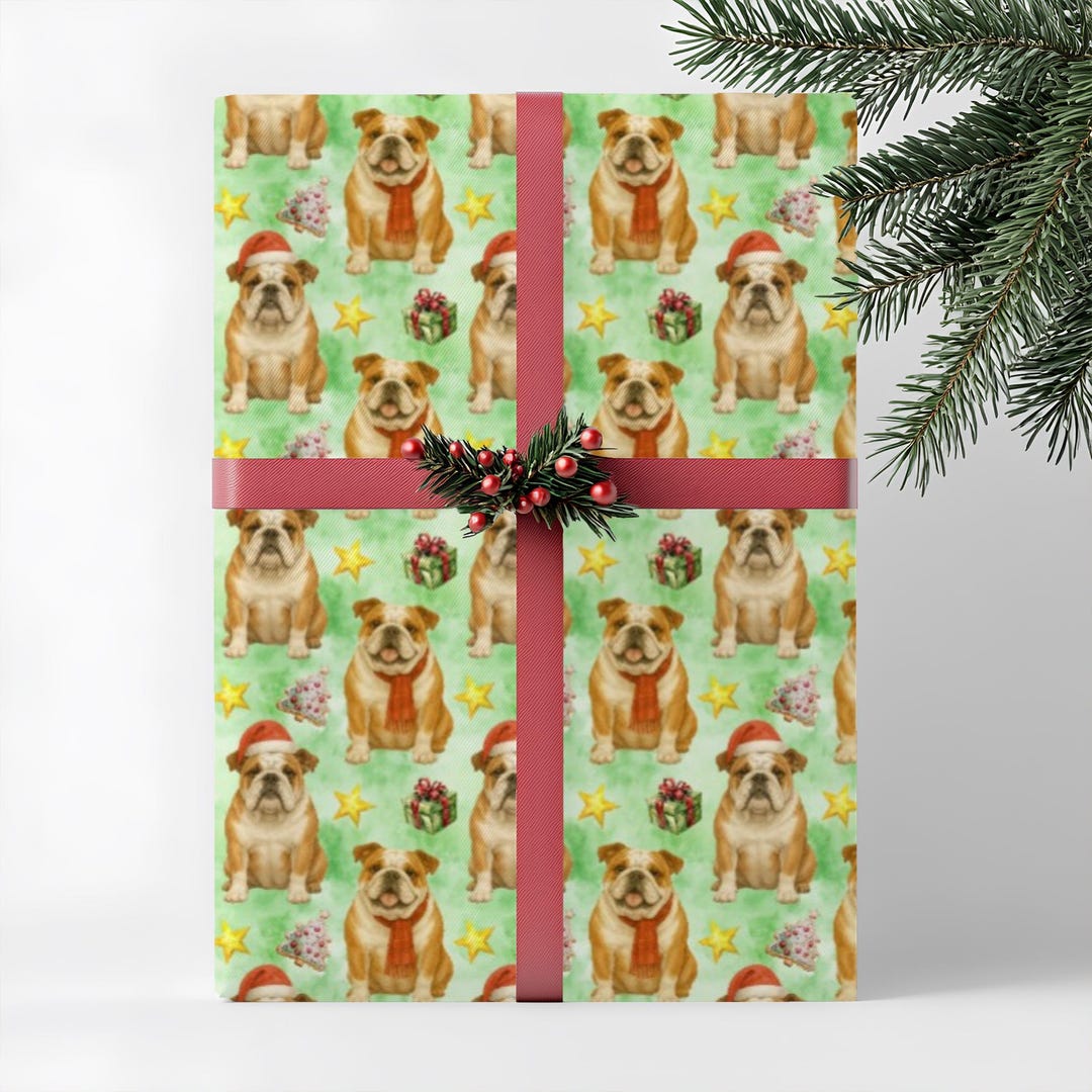 English Bulldog Christmas Wrapping Paper, Dog Lover Holiday Gift Wrap ...