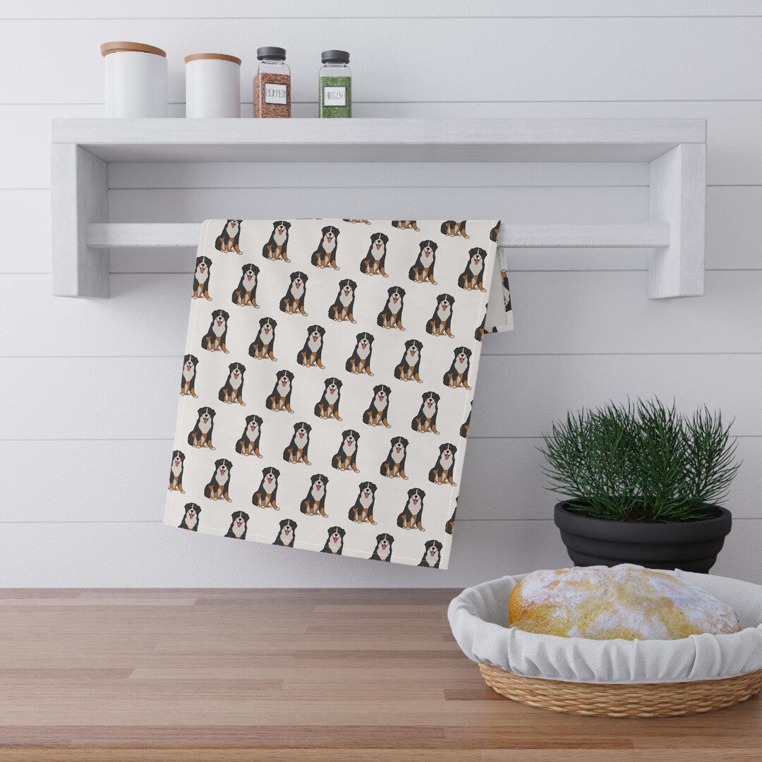 Berner Bernese Mountain Dog Pattern White Kitchen Tea Towel Cotton ...