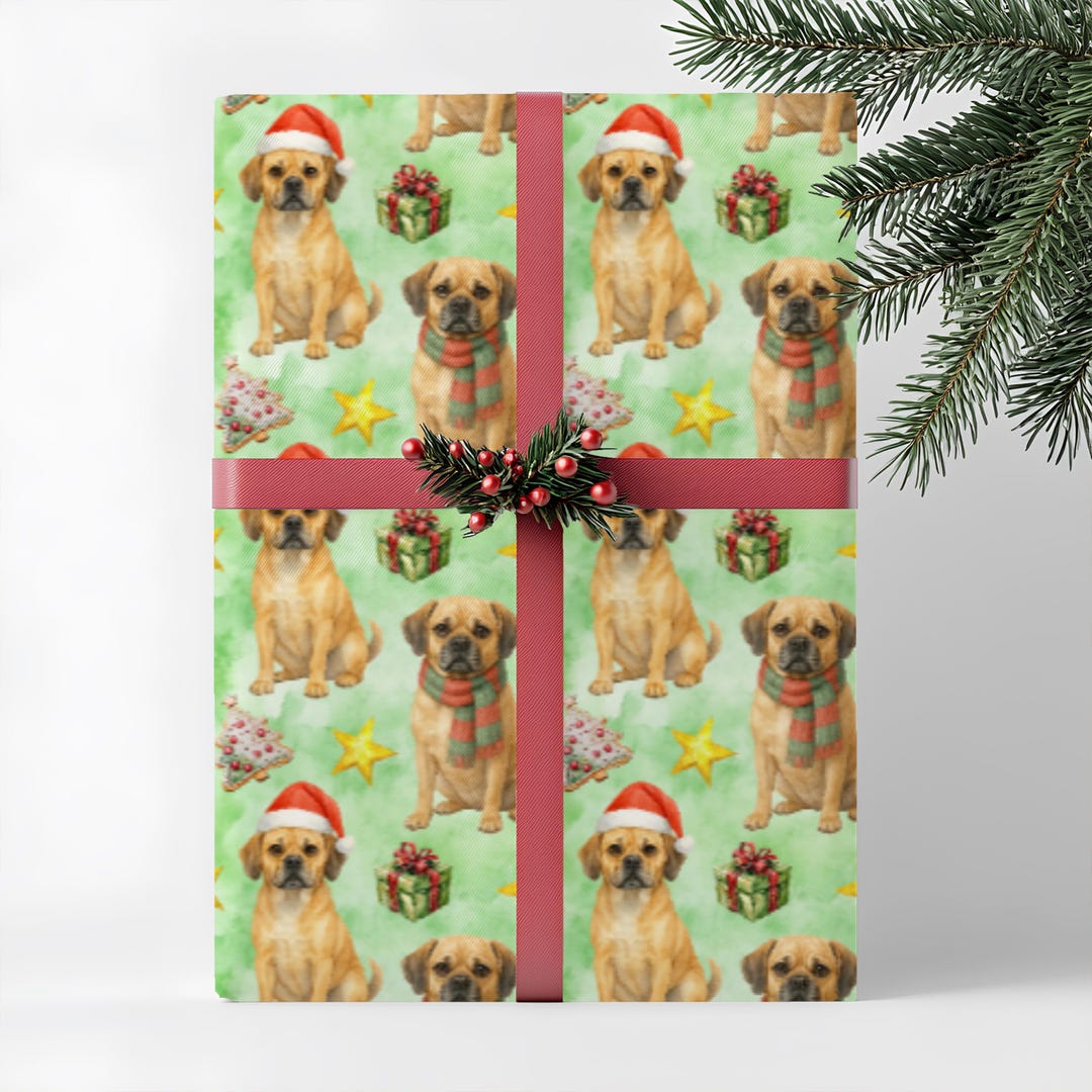 Puggle Dog Christmas Wrapping Paper, Dog Lover, Holiday Gift Wrap Roll ...