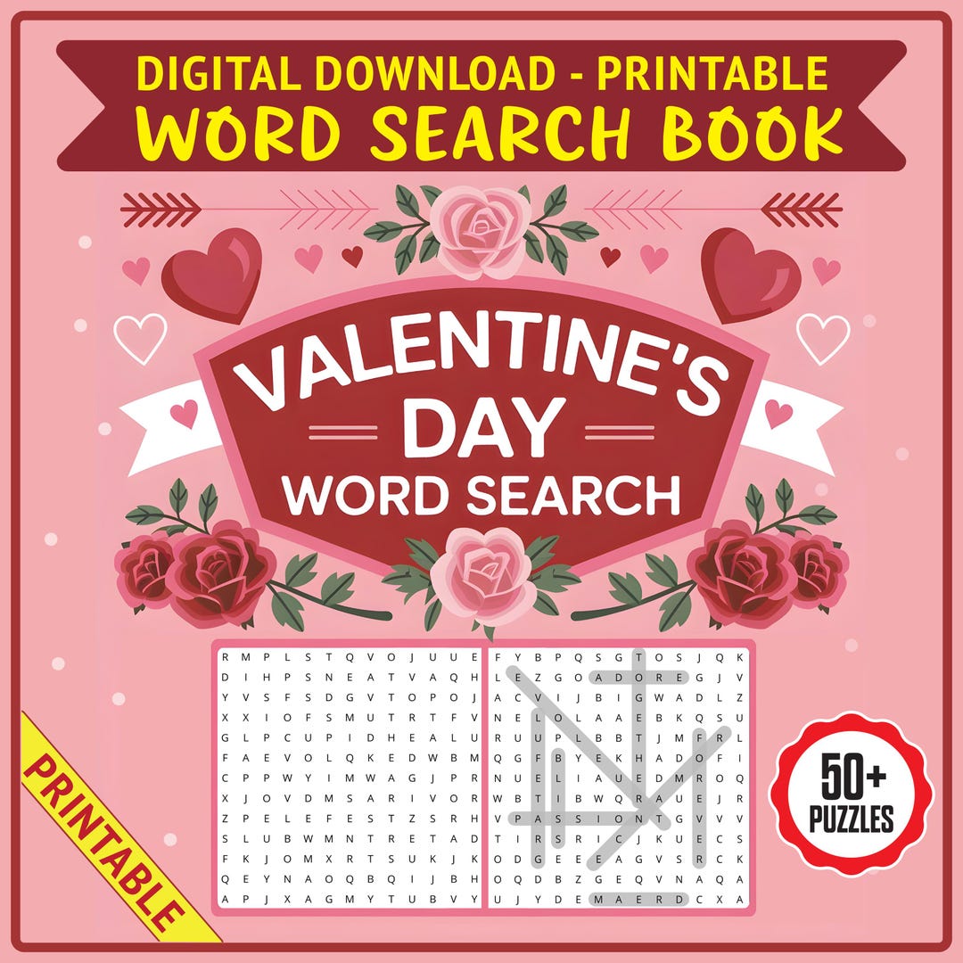 Valentine Word Search Puzzle Book: Fun Printable Game (digital Download ...