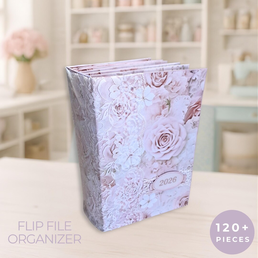 Shabby Roses Flip File Organizer: 12 Pages, Pockets, Cover, Labels, Box ...