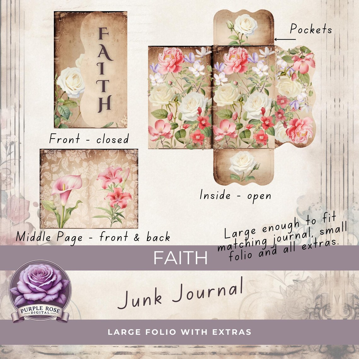 Folio LARGE FAITH Junk Journal DIGITAL, Printable Faith Inspired Folio Vintage With Flowers ...