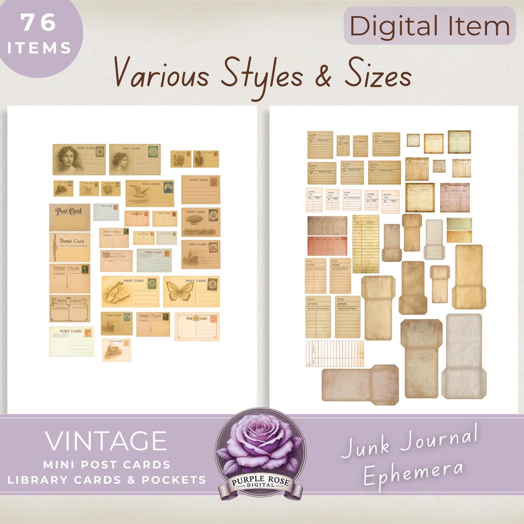Miniature Vintage Postcards & Library Cards: Junk Journal Ephemera ...