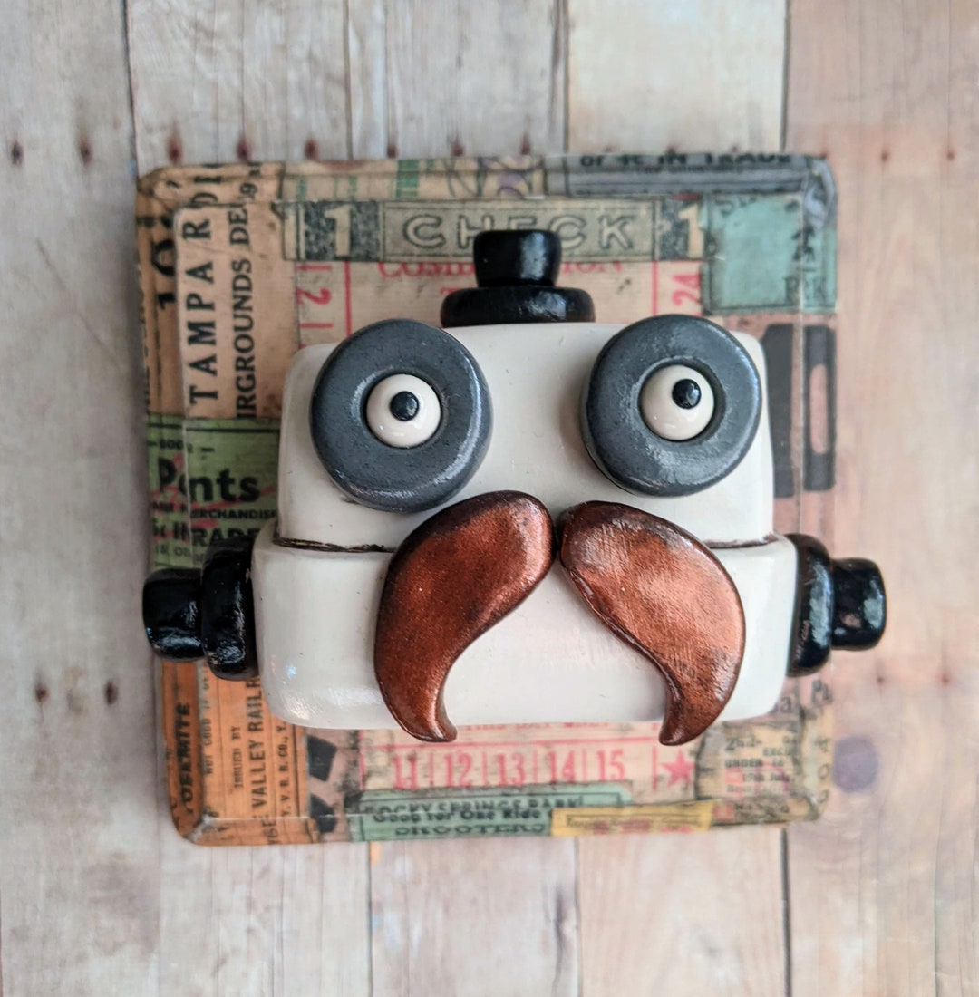 White Face Bronze Mustache Robot Face Plaque Robot Sculpture Bizarrely ...