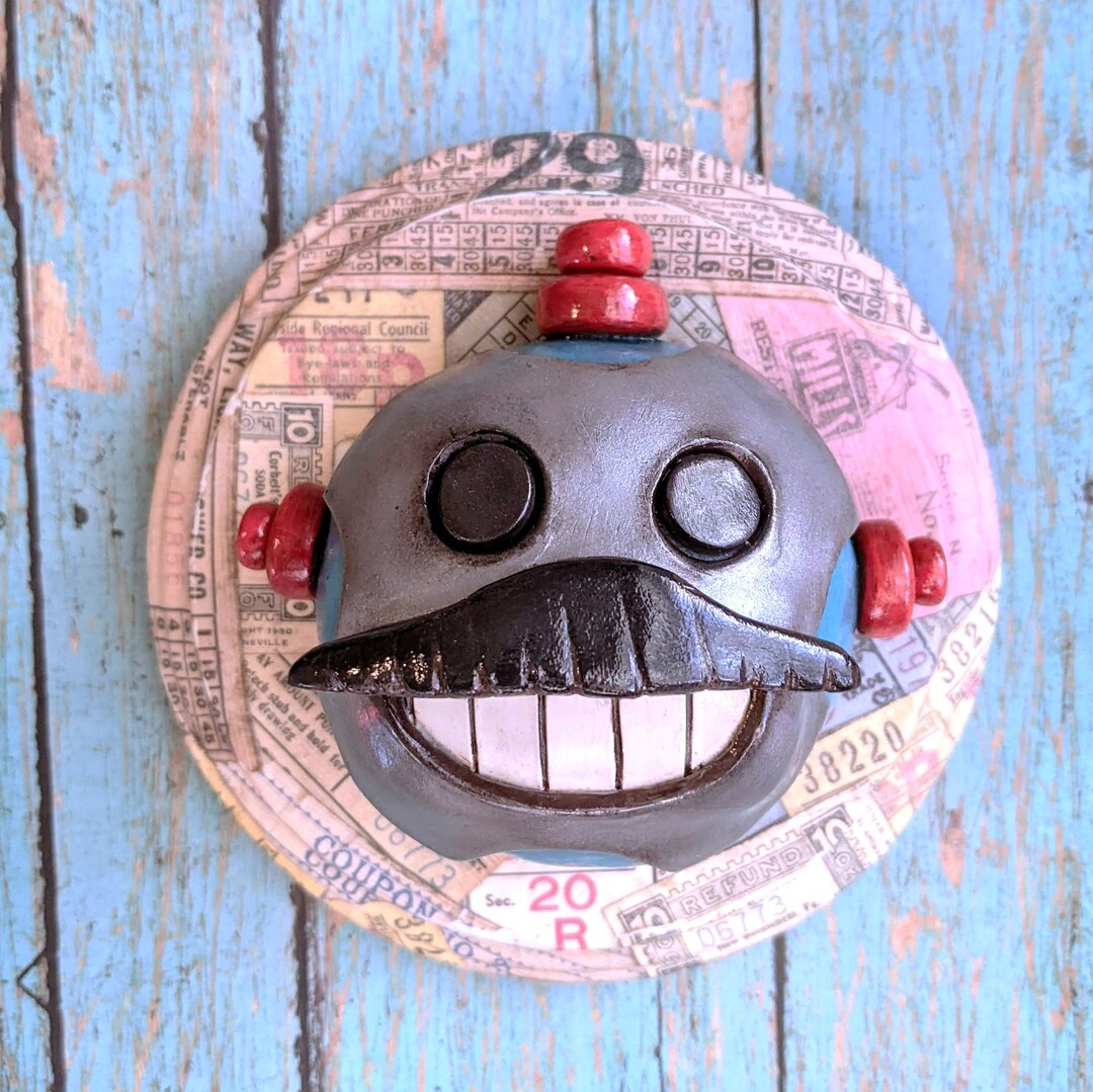 Big Smile Mustache Robot Face Plaque Wall Art - Silver Red Blue ...