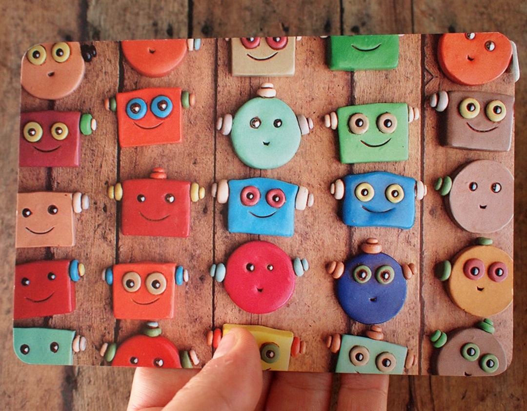 Happy Robot Faces in Rows and Rows Art Postcard - Etsy