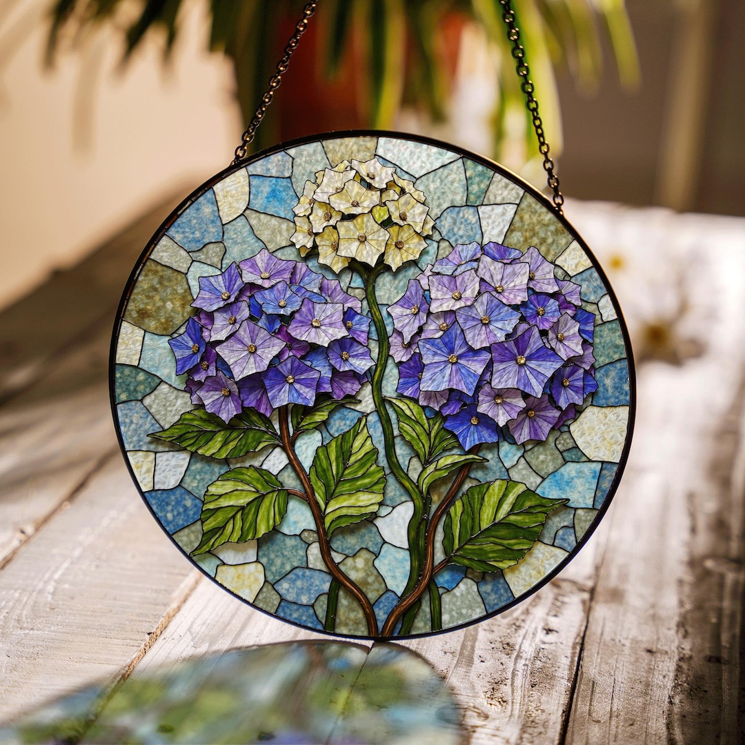 Hydrangea Stained Glass Suncatcher Window Hanging Gift for Mom Birthday ...