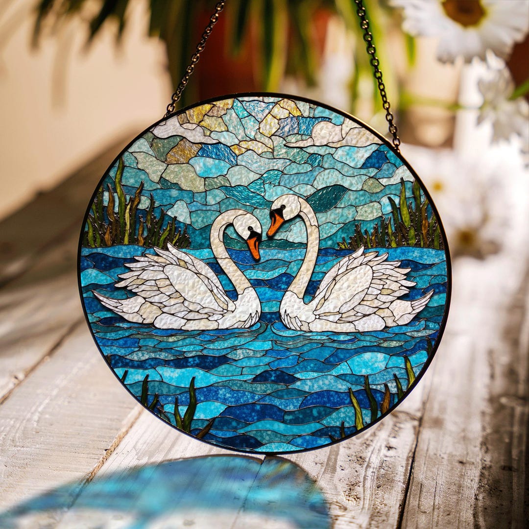 Two Swans in Love Stained Glass Window Hanging Round Suncatcher Gift ...