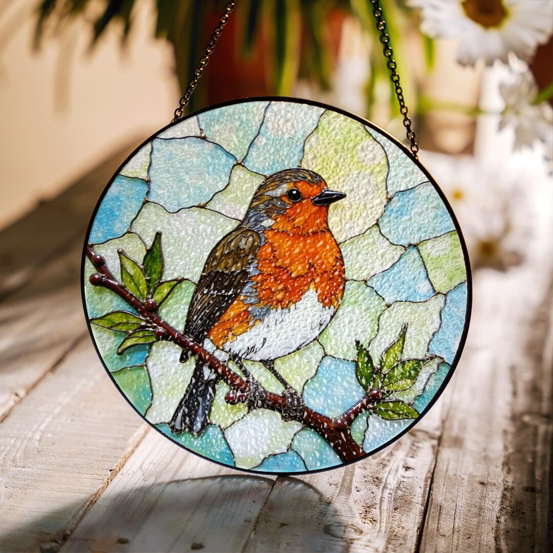 Stained Glass Robin Suncatcher Bird Perched Branch Window Decor Gift ...
