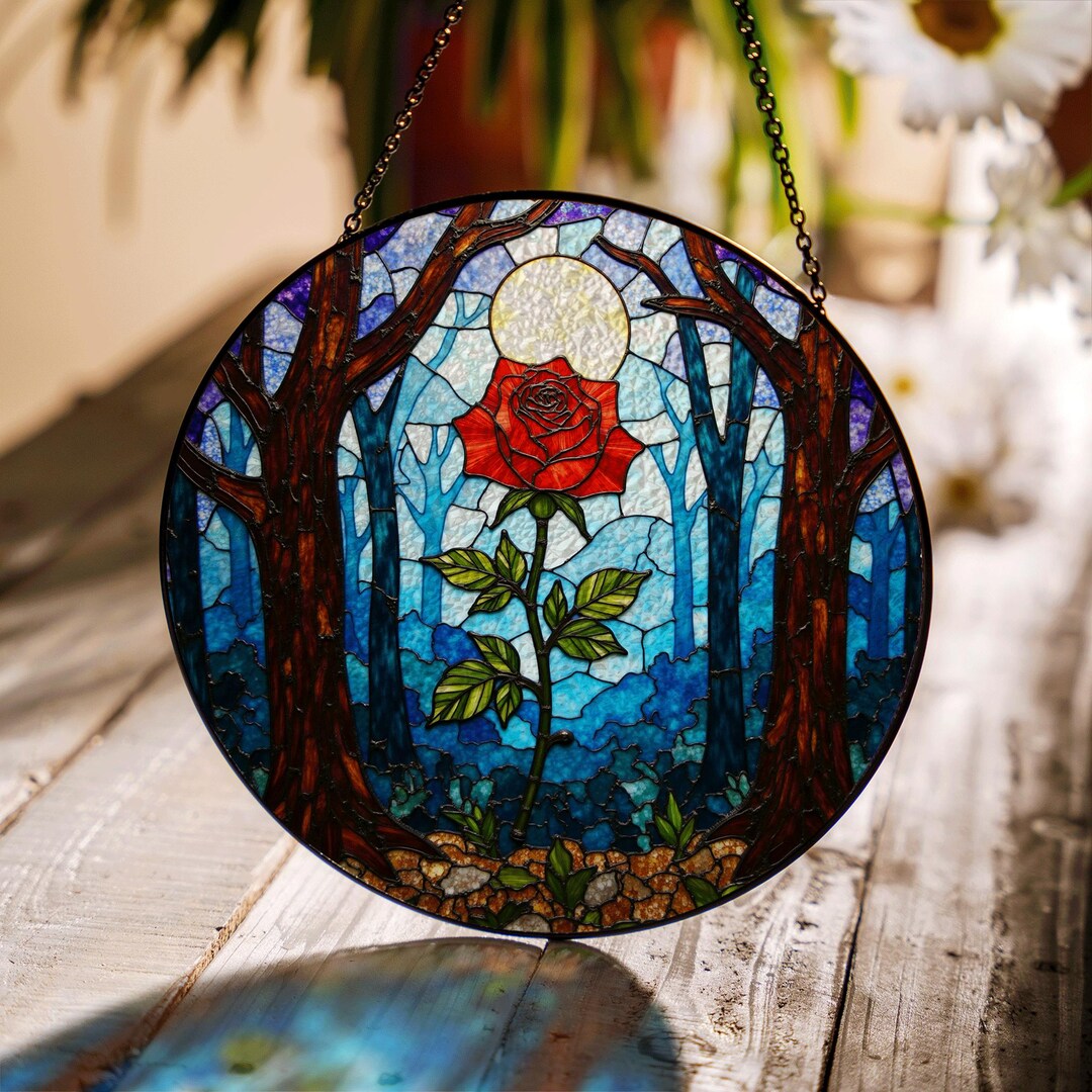 Enchanted Forest Red Rose Stained Glass Round Suncatcher Window Art ...