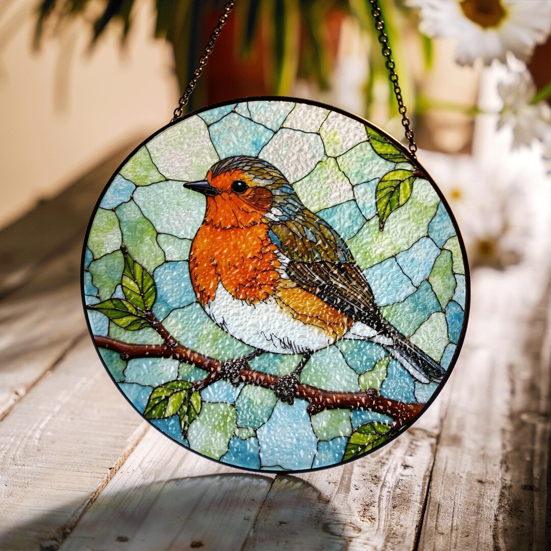 Stained Glass Robin Bird Suncatcher Hanging Window Decoration Gift for ...