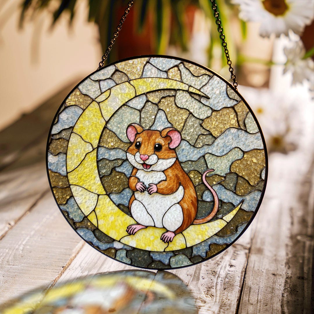 Cute Mouse Moon Stained Glass Suncatcher Animal Window Art Gift for ...